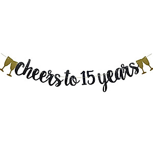 Cheers to 15 Years Banner Black Paper Glitter Party Decorations for 15TH Wedding Anniversary 15 Years Old 15TH Birthday Party Supplies Letters Black Betteryanzi