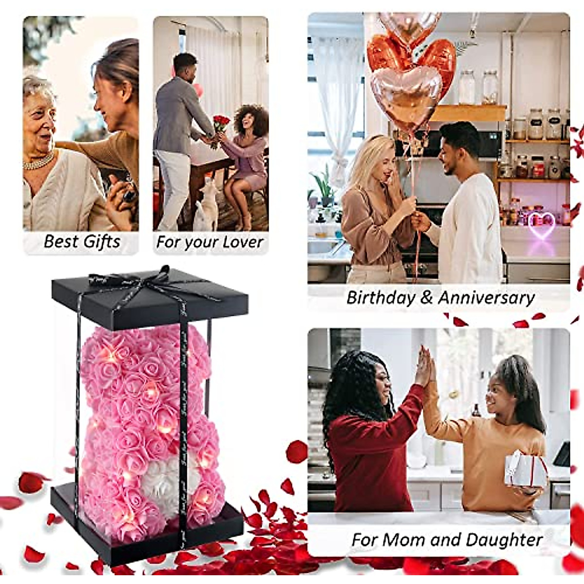 U UQUI Rose Bear Gifts for Her, Flower Bear Rose Teddy Bear with Box Lights Necklace Balloon Card, Cute Romantic I Love You Anniversary Birthday Gifts & Decorations