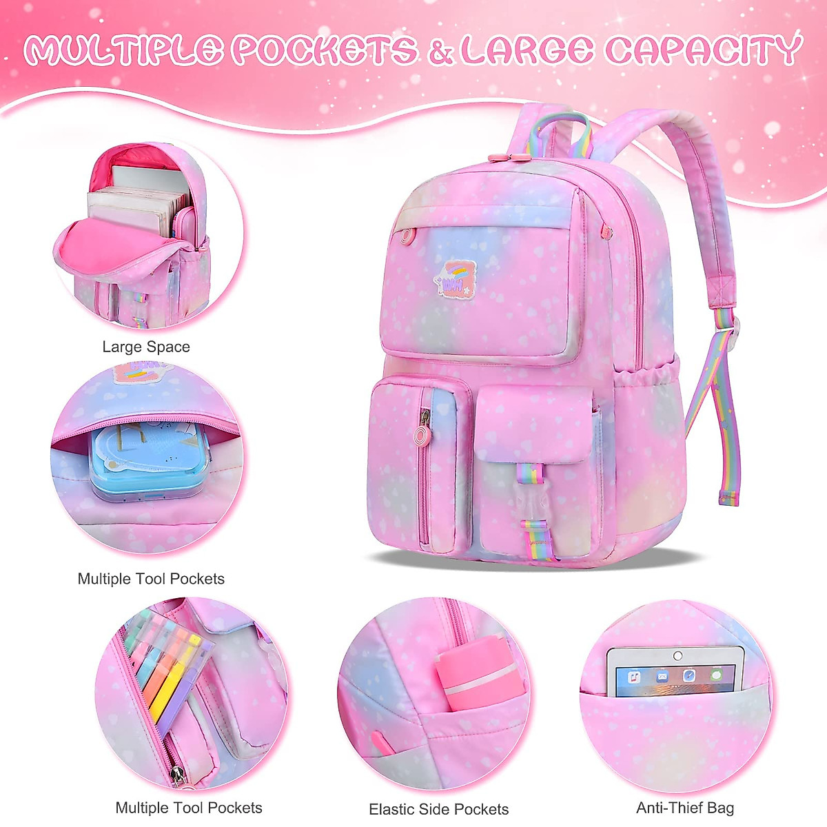 School Backpacks for Teen Girls Laptop Backpack with Lunch Bag，Cute waterproof Travel Bookbags Pink