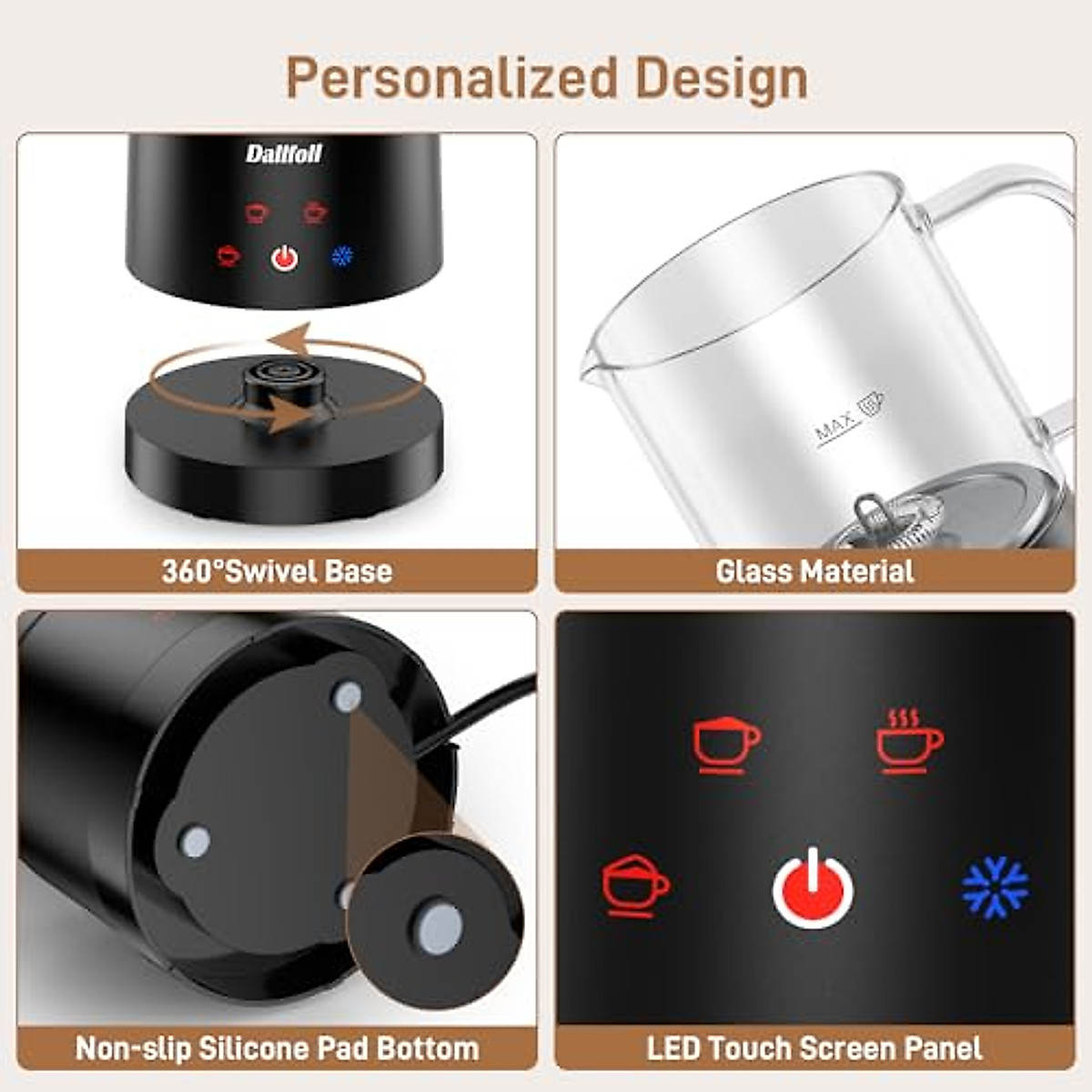 Dallfoll Milk Frother, 4-in-1 Milk Frother and Steamer Electric, Visualized Glass Design, 13.5oz/400ml Hot and Cold Milk Foam Maker for Coffee, Latte, Cappuccino Silent Operation, Automatic off