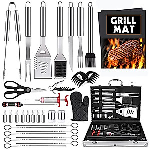 BBQ Grill Accessories Tools Set, 36PCS Stainless Steel Grilling Barbecue Tool Sets Kit with Aluminum Case, Thermometer, 2 Grill Mats for Camping, Kitchen, Barbecue Utensil for Men Women