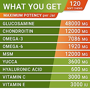 Senior Advanced Glucosamine Chondroitin Joint Supplement for Dogs - Hip & Joint Pain Relief Pills - Large & Small Breed - Hip Joint Chews Canine Joint Health - Chews Older Dogs - Bacon Flavor-120Ct