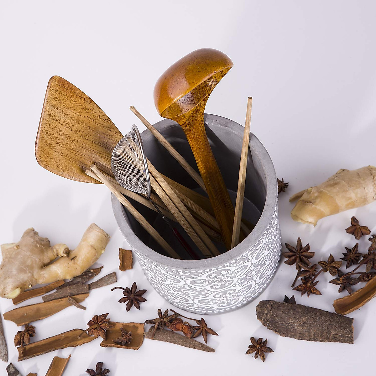 Farmhouse Kitchen Cooking Utensil Holders | Fine Embossed Cement Utensils Crock | Cement Utensil Container Kitchenware Flatware Organizer Decor Utensils Caddy (Pattern 1)