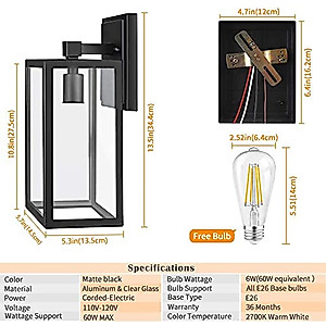 PARTPHONER Outdoor Light Fixtures Wall Mount, Porch Light with 2 LED Bulbs, Exterior Light Fixture Waterproof Anti-Rust Wall Sconce with Clear Glass and Black Aluminum for Garage, Doorway-2 Pack