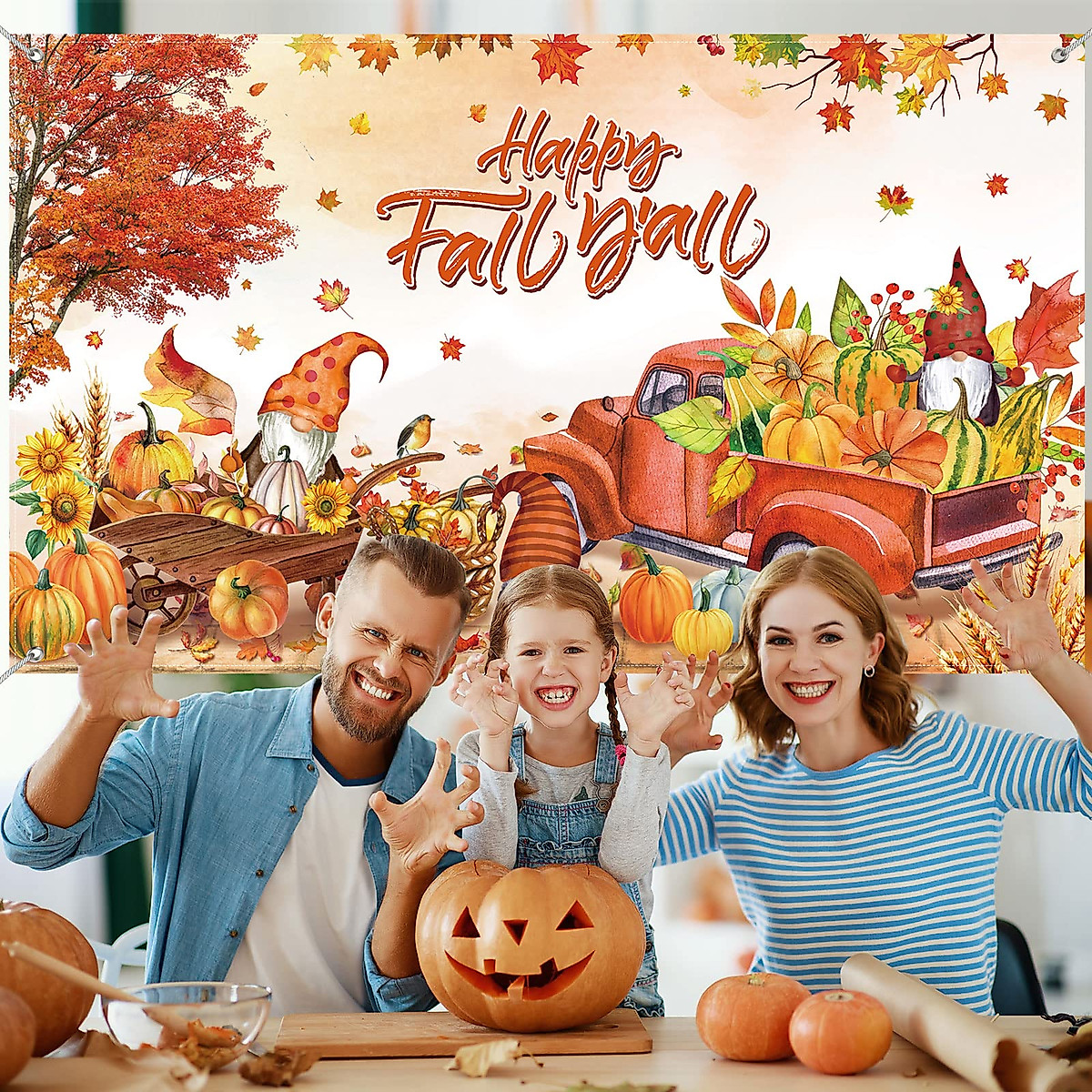 Happy Fall Y'all Backdrop Decoration Gnome Pumpkin Background Fabric for Photography Photoshoot Harvest Holiday Party Banner Photo Props for Autumn Thanksgiving Birthday Baby Shower, 72.8 x 43.3 Inch