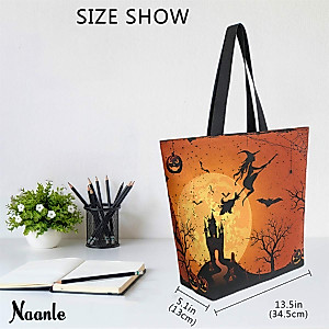 Naanle Halloween Canvas Tote Bag Large Women Casual Shoulder Bag Handbag Witch Haunted House Reusable Multipurpose Heavy Duty Shopping Grocery Cotton Bag for Outdoors.