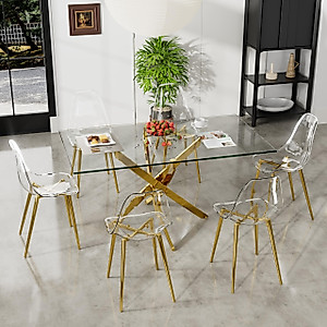 HAIZAO 63" Glass Dining Table for 4-6, Contemporary Rectangular Dining Room Table with Tempered Glass Top & Gold Finish Stainless Steel Legs, Modern Large Kitchen Table for Home Office