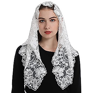 Bozidol Triangle Catholic Church Mantilla Veils for Religious Christian Floral Lace Scarf Shawl Veil with Hairclips (White)