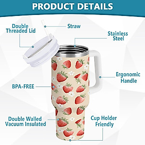 Jihqo Watercolor Strawberry White Floral 40 oz Stainless Steel Vacuum Insulated Tumbler with Handle and Straw Lid, Leakproof Water Bottle Double Wall Travel Mug Coffee Cup, Cupholder Friendly