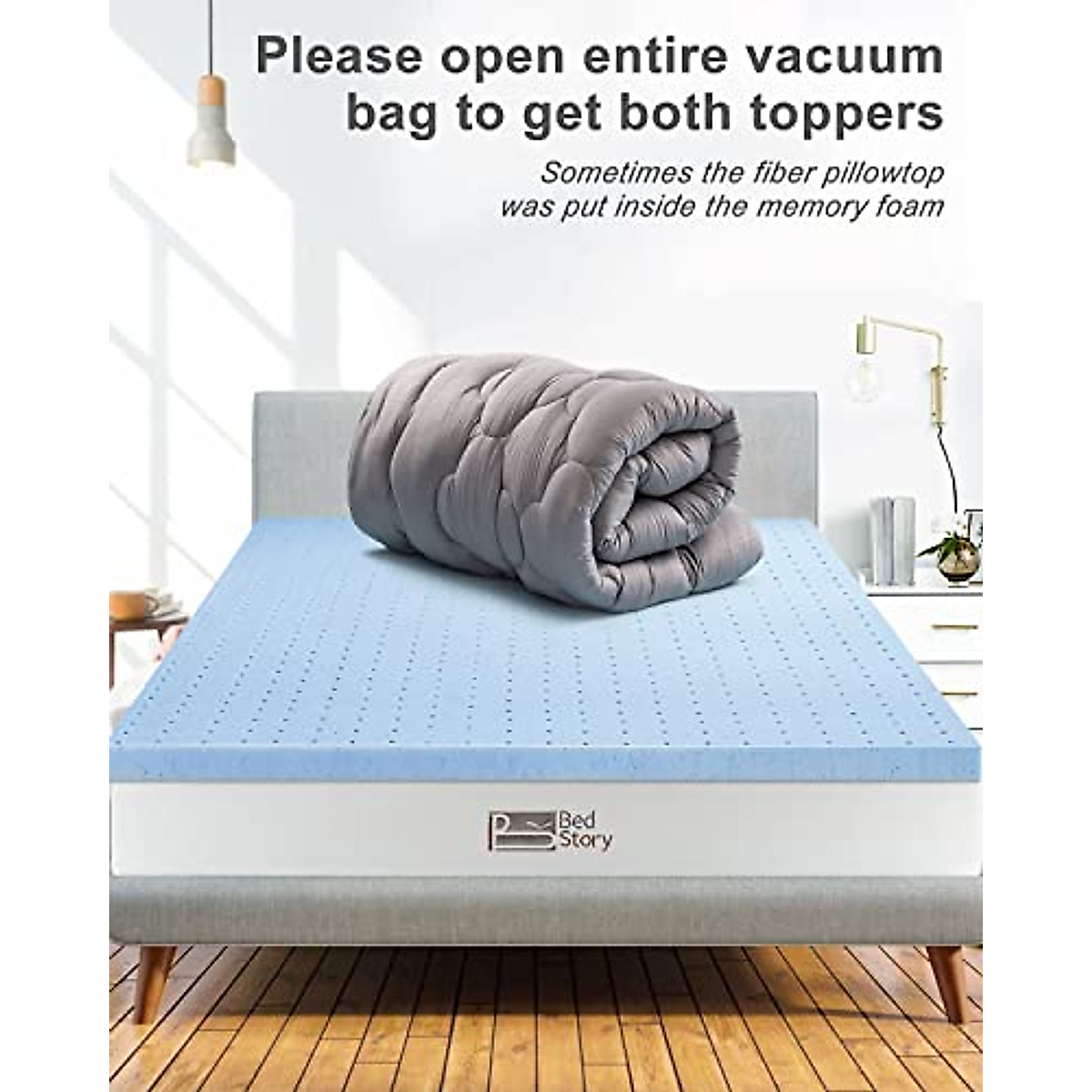 BedStory Mattress Topper Queen Size, Dual-Layer Pillow Top & Gel Memory Foam Bed Toppers 3.6 Inch, 2-in-1 Combination of Comfort and Support, Gray