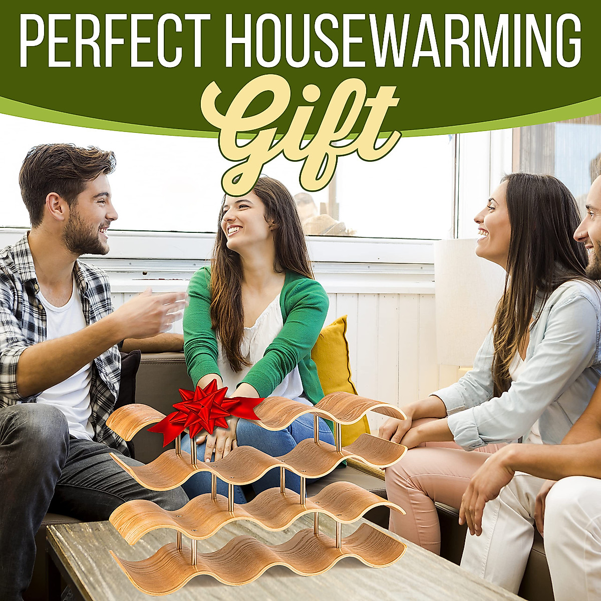 SereneLife Bamboo Wine Rack-4 Tier Countertop Shelf with Slots That Holds 14 Bottles, Unique Stackable Wooden Holder, Save Space for Cabinet, Kitchen and Pantry, Modern Contemporary Wave Design