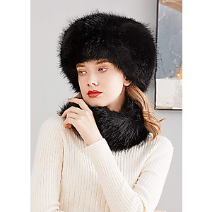 Lovful Faux Fur Women Russian Cossak Hat,Scarf Set for Ladies Winter,Black