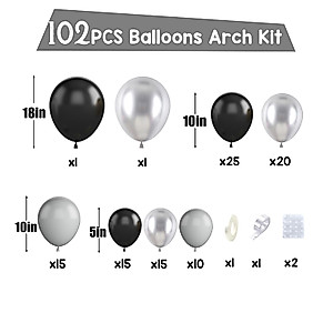 Black and Silver Balloon Arch Kit, 102Pcs Metallic Silver and Black Balloon Garland Kit Black Gray Party Balloons Grey Silver Latex Balloons for Birthday Party Baby Shower Wedding Bridal Shower