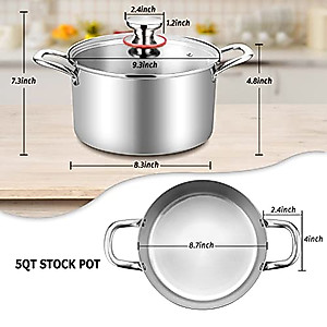 TeamFar 5 Quart Stock Pot, Stainless Steel Tri-Ply Cooking Pasta Soup Pot with See-Through Lid for Induction/Electric/Gas/Ceramic, Healthy & Heavy Duty, Ergonomic Handle & Dishwasher Safe