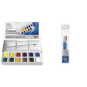 Winsor & Newton Cotman Water Colour Paint Sketchers' Pocket Box, Half Pans, 13 count (12 colors and a brush) and Cotman Short Handle Brush (4 Pack) (Round 1, 4, & 6, One Stroke 3/8")