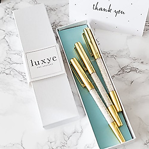 luxye Gold Pen with Gold Cap - 3 Fine Ballpoint Gold Crystal Pens in Glossy White Gift Box | Gold Office Decor Supplies (Gold - Black Ink)