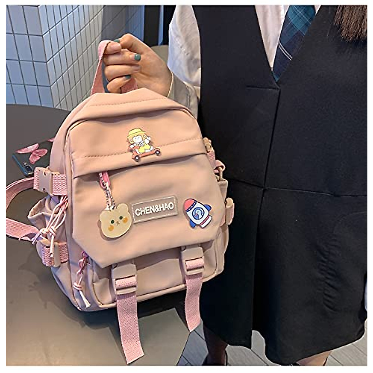 PEXIZUAN kawaii backpack girl school bag waterproof nylon with kawaii pendant cute pin mini backpack(pink)
