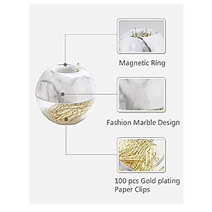 Magnetic Paper Clip Holder, Marble White Holder with Gold Paper Clips 100pcs 28mm(1.1") Cute Office Supplies for Desk Organizer