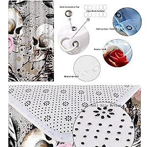 RyounoArt 4Pcs Skeleton Couple Bathroom Set Gothic Skull with Pink Flower Design Shower Curtain Romance Love Bath Curtain with Non-Slip Rugs Toilet Lid Cover and Bath Mat