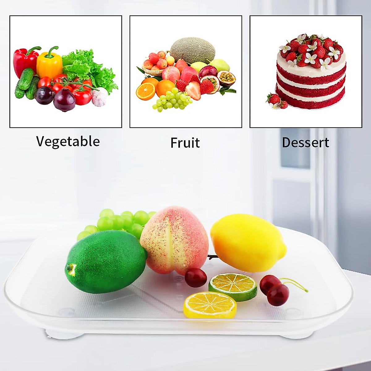 Fridge Lazy Susan Organizer, Fridge Organization, Clear Lazy Susan Turntable Rack with Fridge Hanging Mesh Bag and Suction Cup, Kitchen Cabinet Turntable Organizer