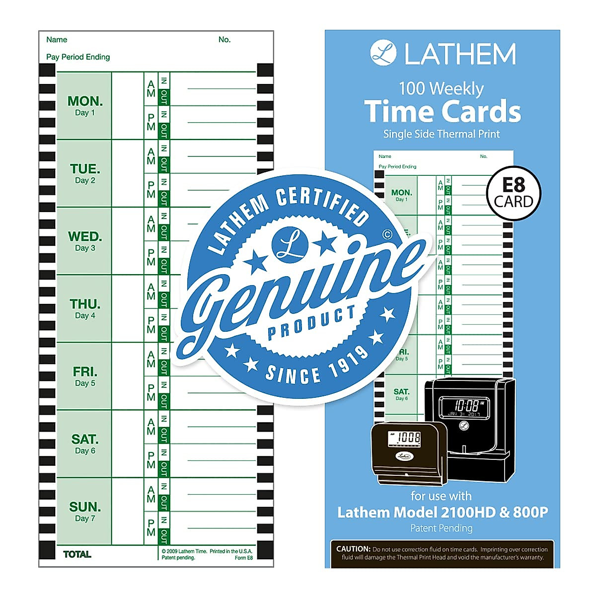 Lathem Weekly Thermal Print Time Cards, Single Sided 2100HD and 800P Time Clocks, 9", 100 Pack (E8-100)