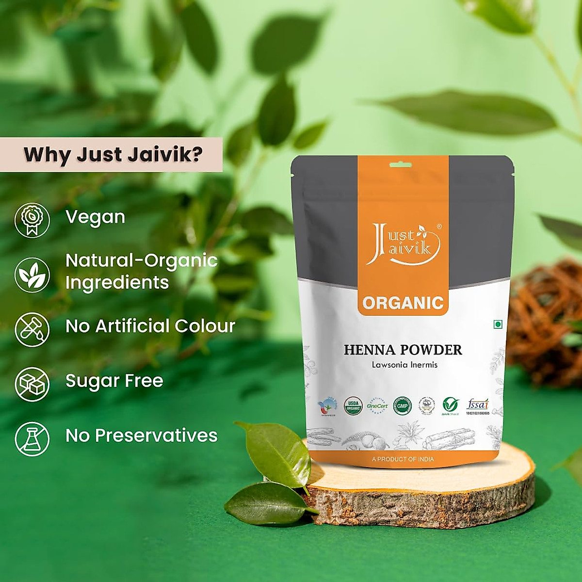 Just Jaivik Henna Powder (Lawsonia Inermis) for Hair - 100% Natural, USDA Certified Organic by OneCert Asia, No Chemicals or Additives, 227 Gms / 0.5 LB/ 8 Oz