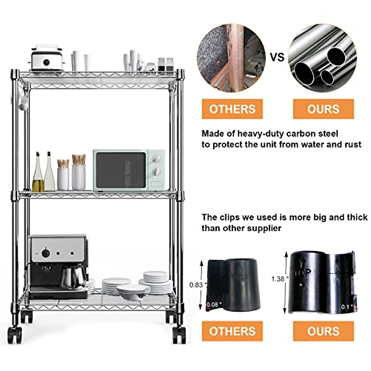 Storage Shelves, 3 Tier Shelf Adjustable Wire Shelving Unit, Sturdy Steel Metal Shelves Heavy Duty Shelving Rolling Cart with Casters for Garage, Kitchen, Living Room, Bathroom, 23.6L X 13.8W X 35.4H