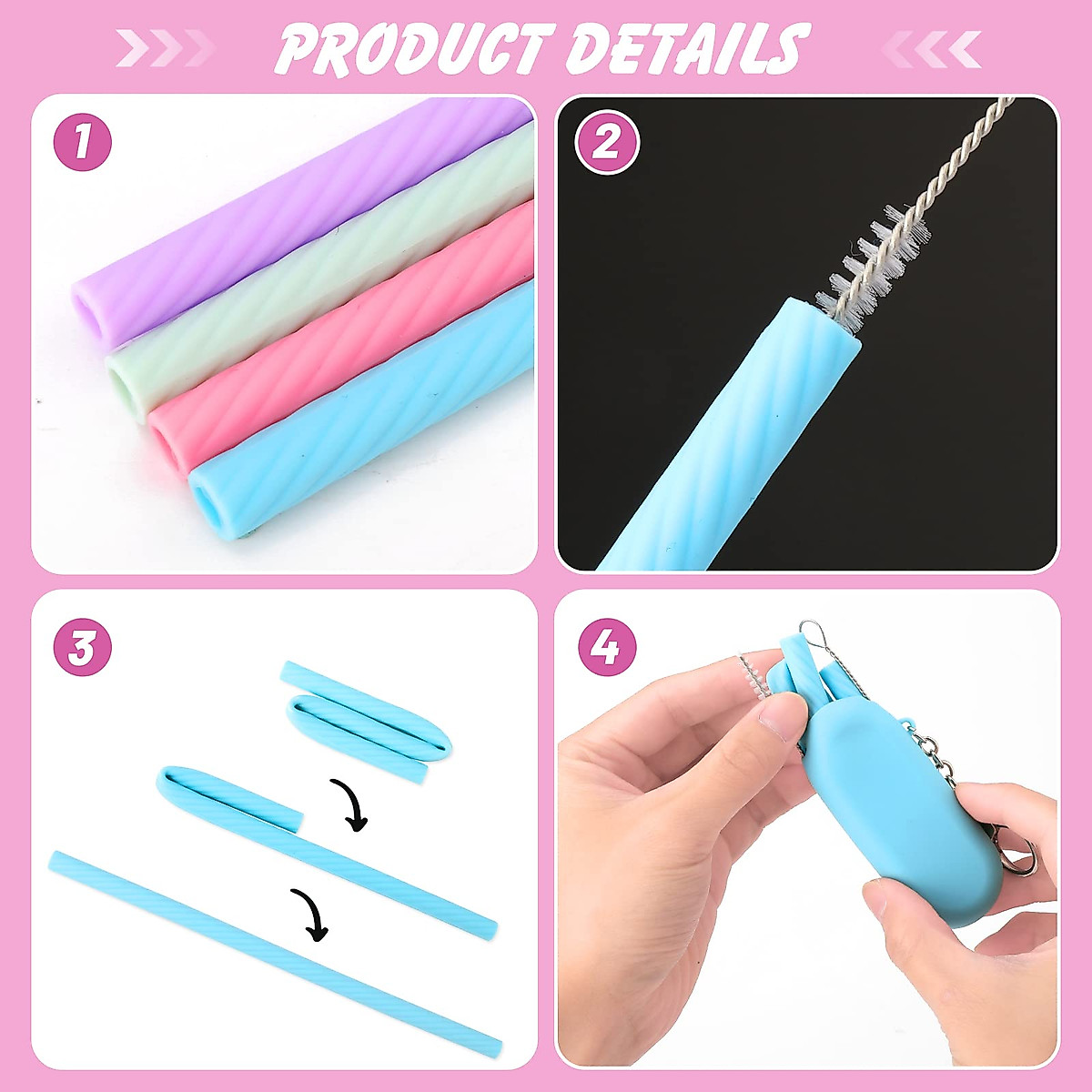 Prasacco 4 Sets Silicone Straws Reusable Straws with Case Foldable Straws Portable Drinking Straws for Travel Party