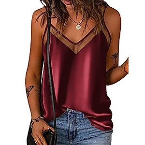 Ekouaer Satin Mesh V Neck Tank Top Women Cami Top Silk Camisole Blouse Red