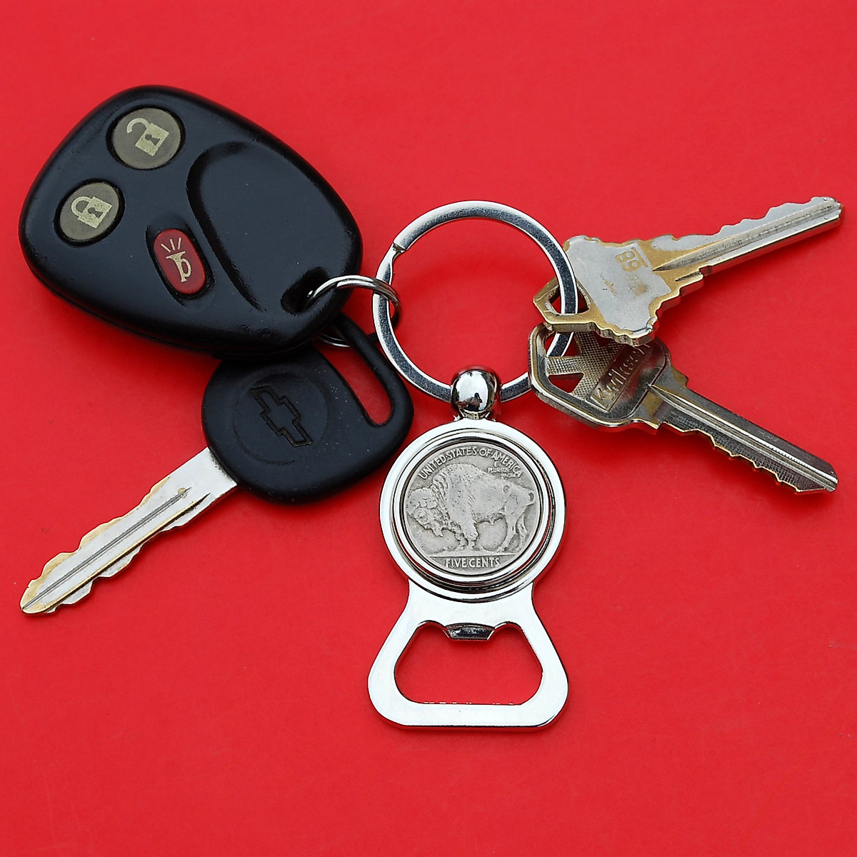 US 1913~1938 Indian Head Buffalo Nickel 5 Cent Coin Silver Tone Key Chain Ring Bottle Opener NEW