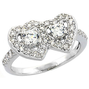 Sterling Silver Vintage Style Cubic Zirconia Double Heart Halo Ring 3/8 inch wide, size 9