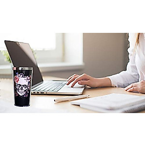 CUAJH Skull Flower Travel Coffee Mug, Personalized Coffee Tumbler with Wrap and Lid, Stainless Lined for Women Men, 14 OZ