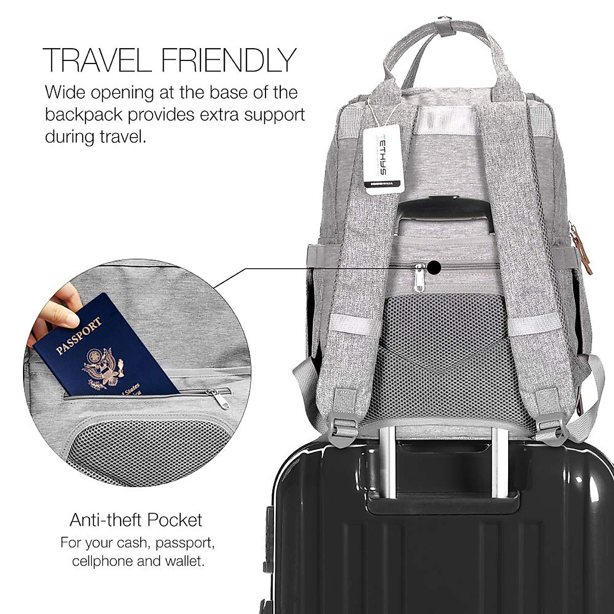 TETHYS Diaper Bag Backpack [Multifunction Waterproof Travel Back Pack] Maternity Baby Nappy Changing Bag Ideal for Mom and Dad, Large Capacity and Stylish Organizer for Baby Care - Gray