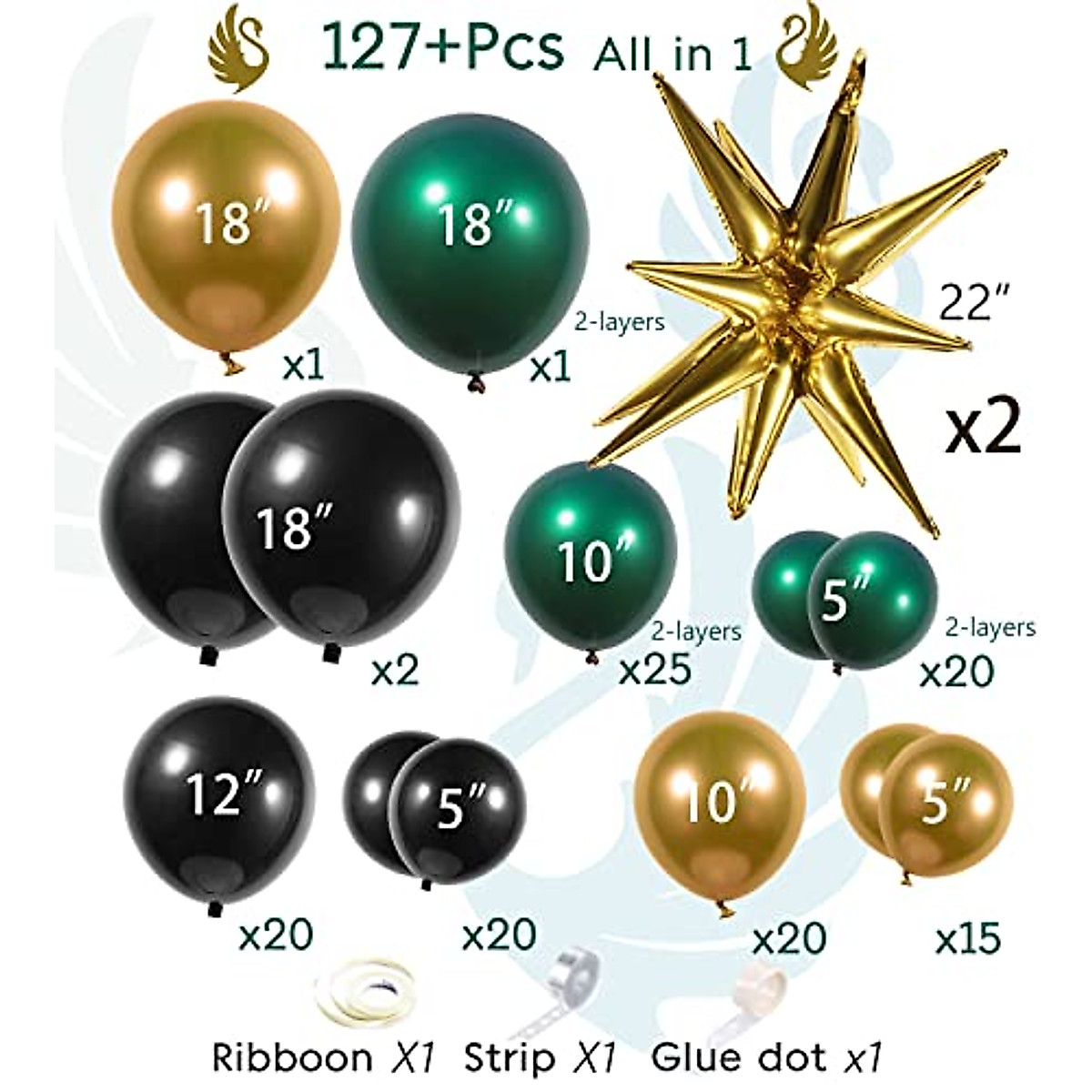 Teal Emerald Green Balloon Garland Arch Kit Double Stuffed Dark Green With Black Gold Star Balloons for Birthday Party Wedding Christmas New Year eve Decorations