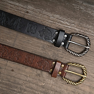 HiiFeuer Viking Fenrir Embossed Faux Leather Buckle Belt, Medieval Knight Belt (Black)