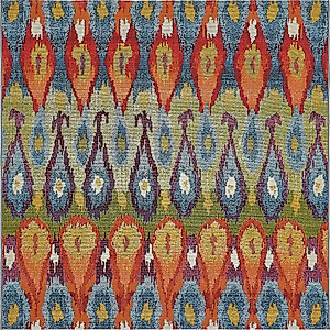Unique Loom Outdoor Modern Collection Area Rug - Ikat (5' 4" Square, Multi/ Burgundy)