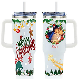 Custom Christmas Garland Tumbler - Personalized Name,Photo 40 Oz Tumbler with Handle Straw Lid,Insulated Xmas Tumbler Coffee Mug Stainless Steel Travel Mug Holiday Gifts for Kid Boy Girl Family
