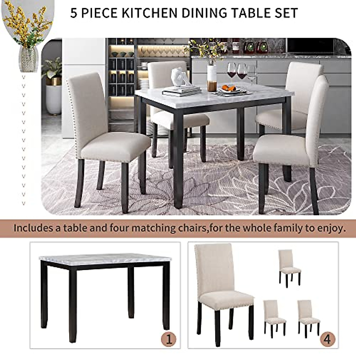 Dinehome 5-Piece Faux Marble Dining Table Set for 4, with Four Thicken Cushion Chairs for Kitchen Room, White/Beige+Black