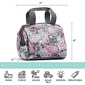 Fit and Fresh Charlotte Insulated Lunch Bag for Women, 9" x 6" x 8", Pink Aqua Paisley