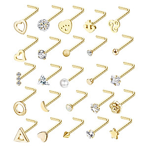 Drperfect 20G 25Pcs Nose Rings Studs Stainless Steel Bone Screw L Shaped Nose Body Piercing for Womens Mens
