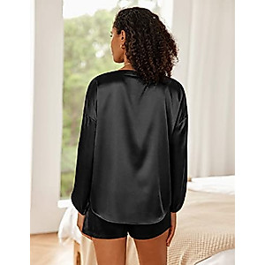 Ekouaer Silk Pajama Set for Women Two Piece Satin Long Sleeve and Shorts Pajama Set Summer Sleepwear Silk Pj Sets Black Small