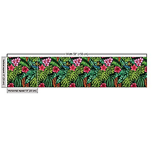 Ambesonne Exotic Fabric by The Yard, Hibiscus Plumeria Palm Leaves Monstera Tropic Amazonian Plants, Decorative Fabric for Upholstery and Home Accents, 1 Yard, Green Pink