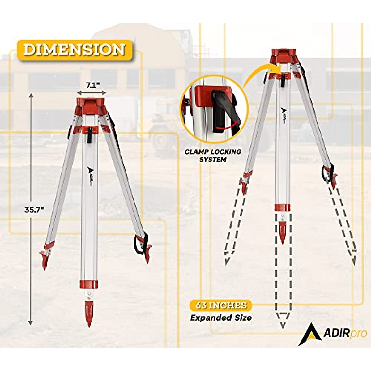 AdirPro Universal Survey Tripod – Aluminum Laser Level Tripod – Transit Level Tripod - Quick Clamp - Heavy Duty Contractor Tripod 5/8” x 11” Thread (Orange)