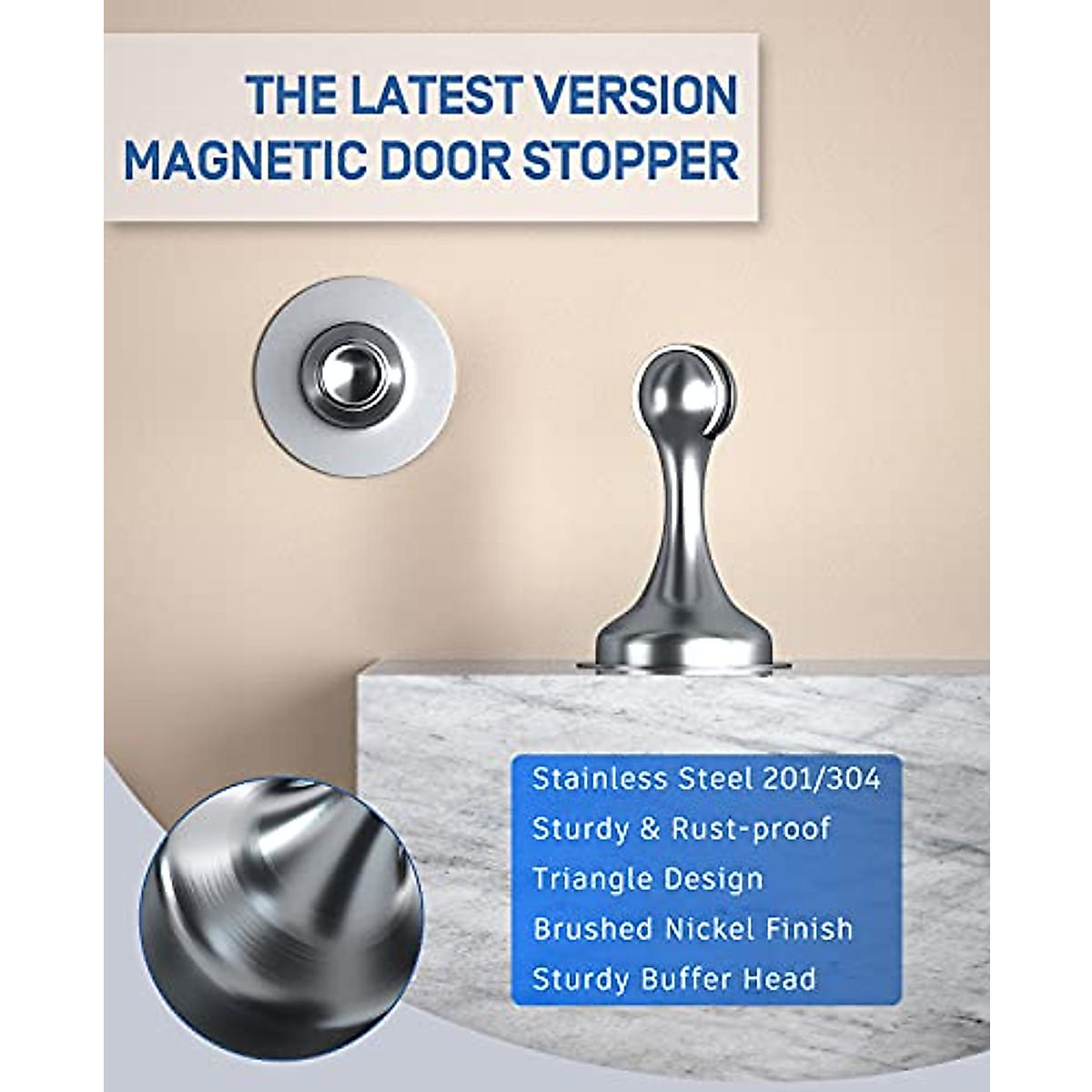 Door Stopper,Magnetic Door Stop,EUHOME 1 Pack Stainless Steel 201 Door Catch Holder,Magnetic Door Stopper,No Drill Doorstop with 3m Self Adhesive Tape,Screws for Wall & Floor Mount,Hold Door Open