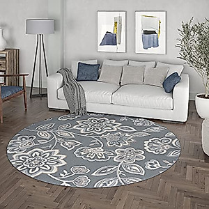 Emmalyn Transitional Floral Gray Round Area Rug, 8' Round