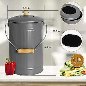 Holismo Compost Bin Kitchen Countertop, 1.95 Gallon Counter Compost Bin with Lid, Rustproof Coated Compost Bucket, Indoor Composter includes Three Charcoal Filters