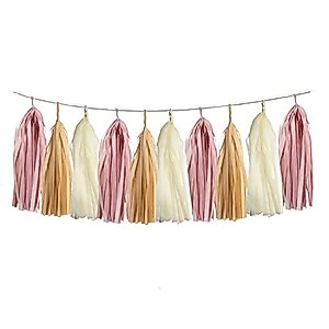 15PCS DIY Boho Rainbow Party Tassel Banner Dusty Rose Pink Kraft Brown Cream Paper Garland Streamer Wedding Baby Shower Birthday Outdoor Nursery Garden Hanging Decoration