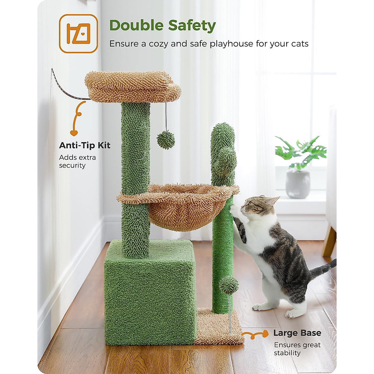 PEQULTI 4-in-1 Cactus Cat Tree, 33'' Cat Tower for Indoor Cats with Large Cat Condo, Cat Scratching Post for Cats with Deep Hammock& Cozy Top Perch,Green