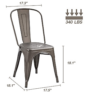 Devoko Metal Indoor-Outdoor Chairs Distressed Style Kitchen Dining Chairs Stackable Side Chairs with Back Set of 4 (Gun)