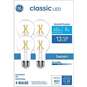 GE Classic LED 60 Watt Replacement, Daylight, A19 General Purpose Bulbs (4 Pack), White, 93130843